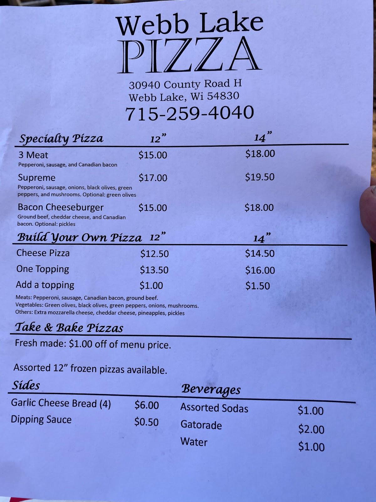 Menu at Webb Lake Pizza restaurant, USA