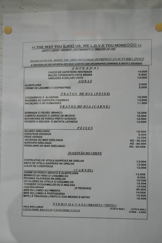 Menu at A Travessa do Rio restaurant, Lisbon