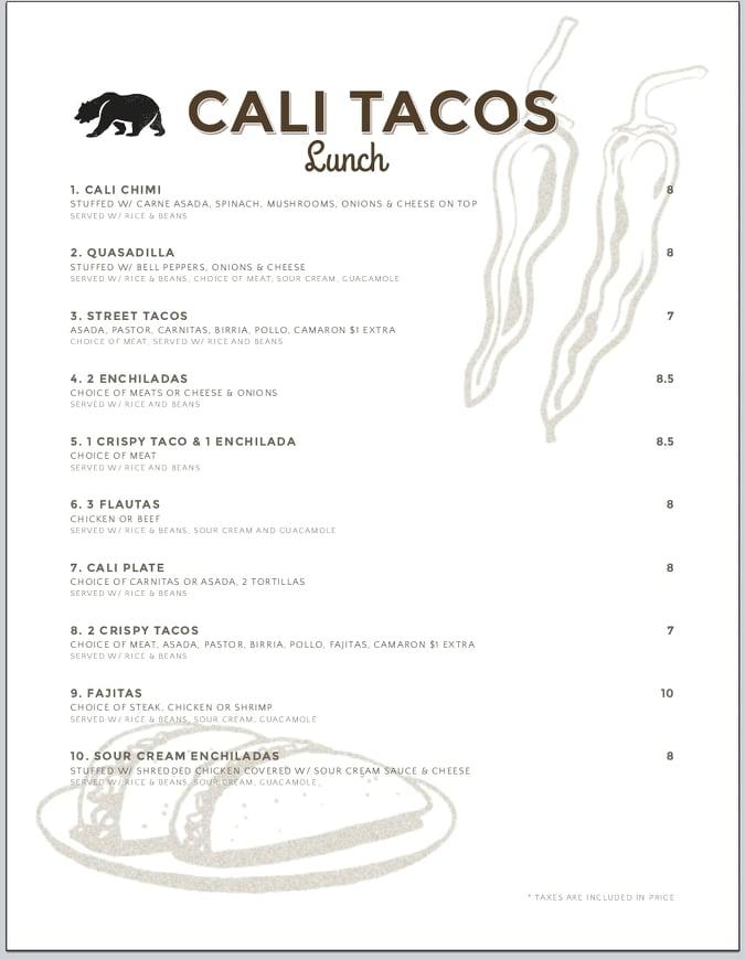 Carta del restaurante Cali Tacos, Enid