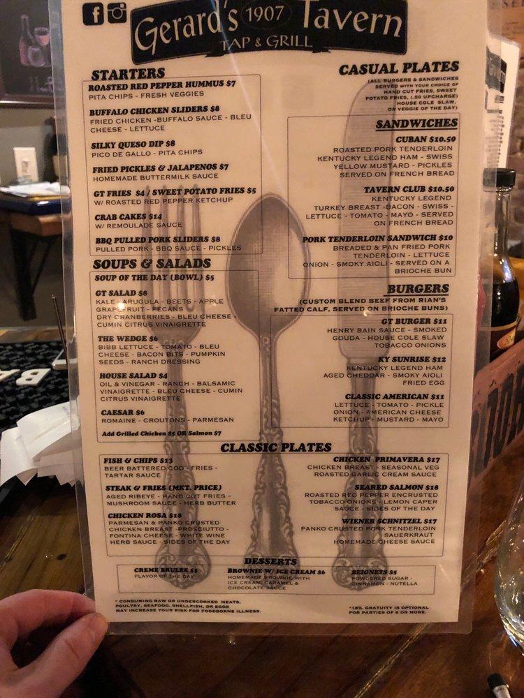 Menu at Gerard's 1907 Tavern pub & bar, Bowling Green