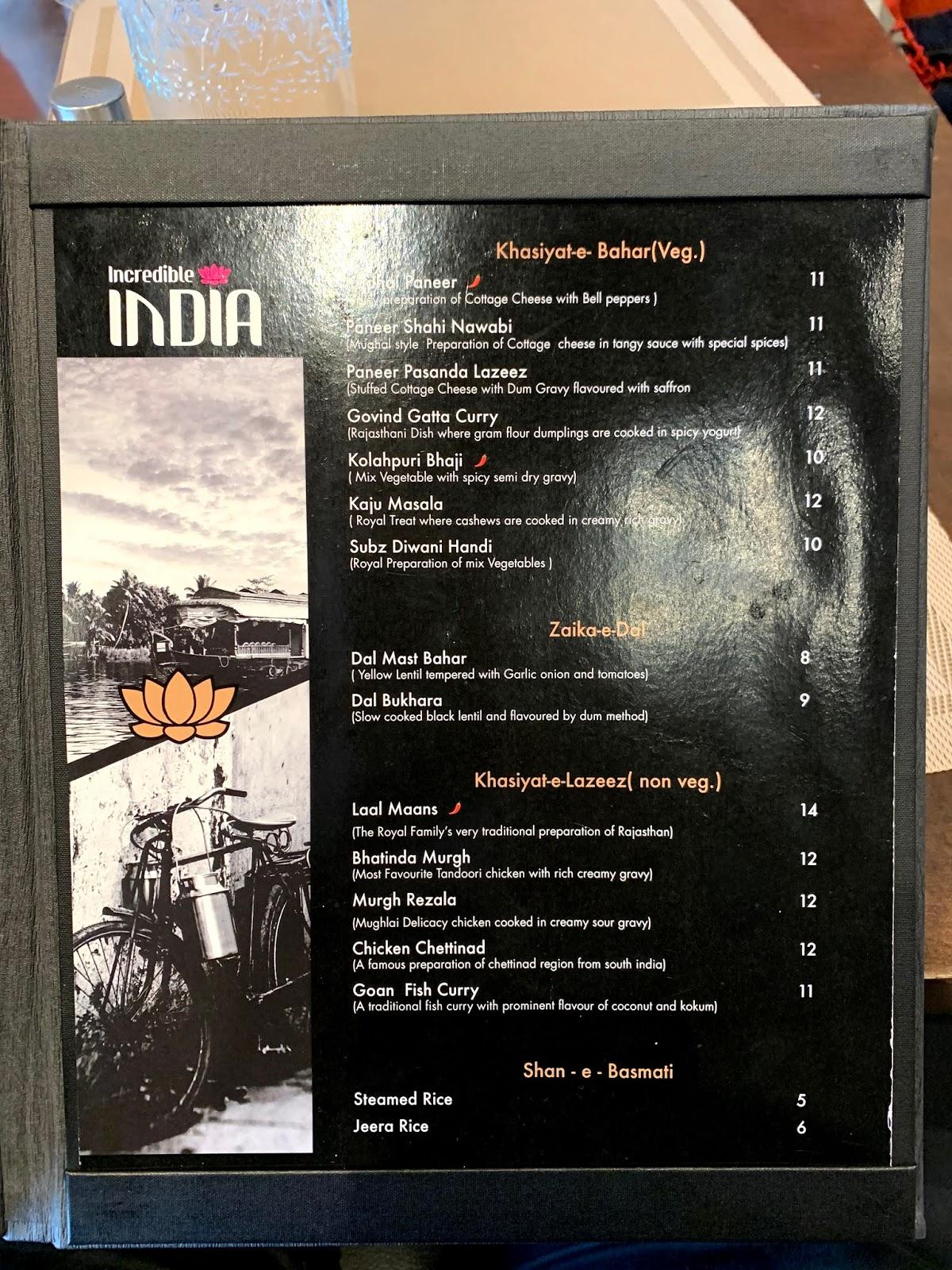 Menu at Incredible India restaurant, Brampton