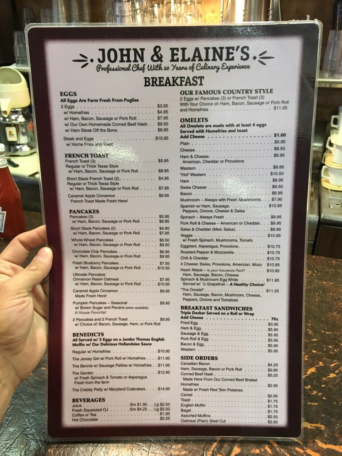 Menu at John & Elaine's Restaurant, Point Pleasant Beach