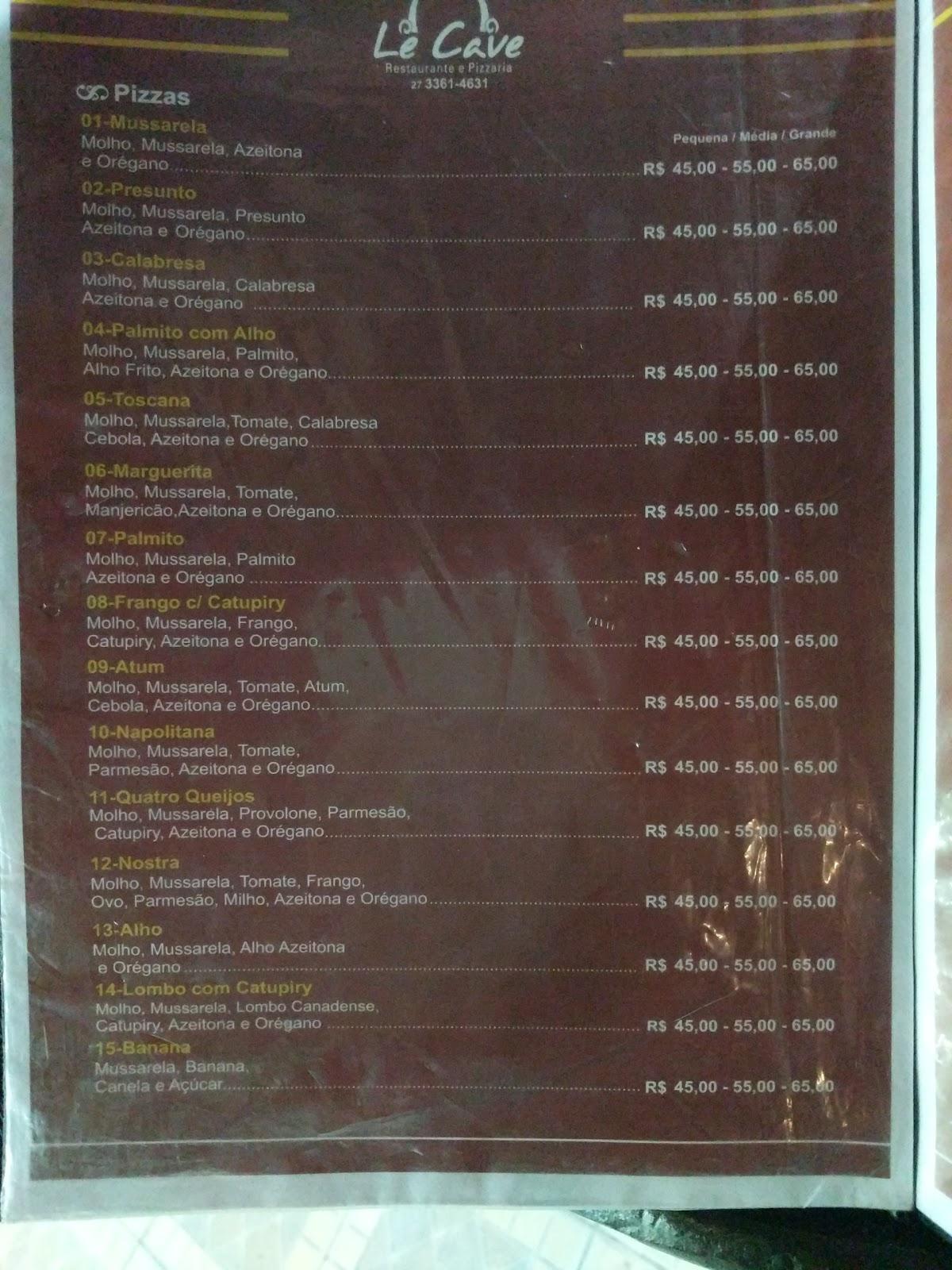 Menu em Le Cave Pizzaria, Guarapari, Av. Praiana