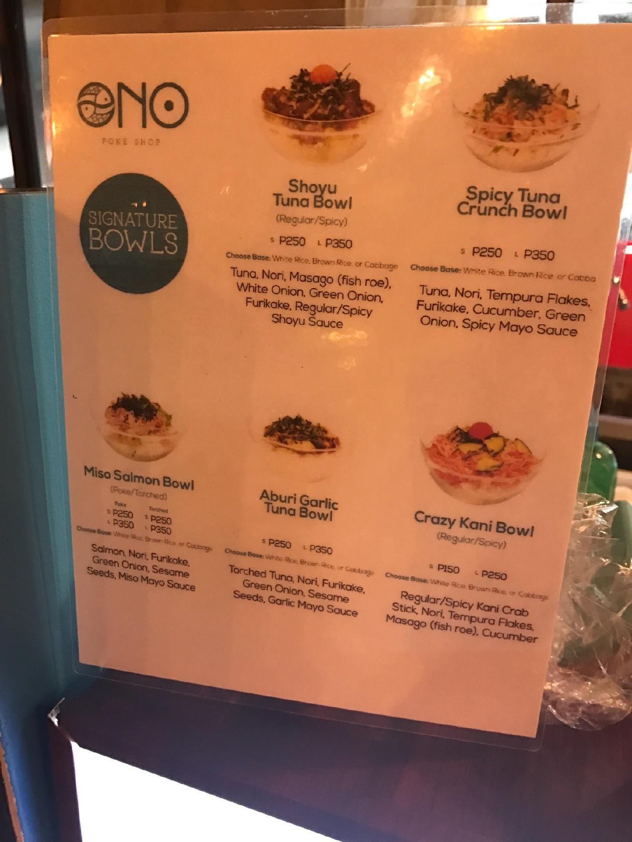 Menu at Ono Poké restaurant, Makati, 119 Dela Rosa Street
