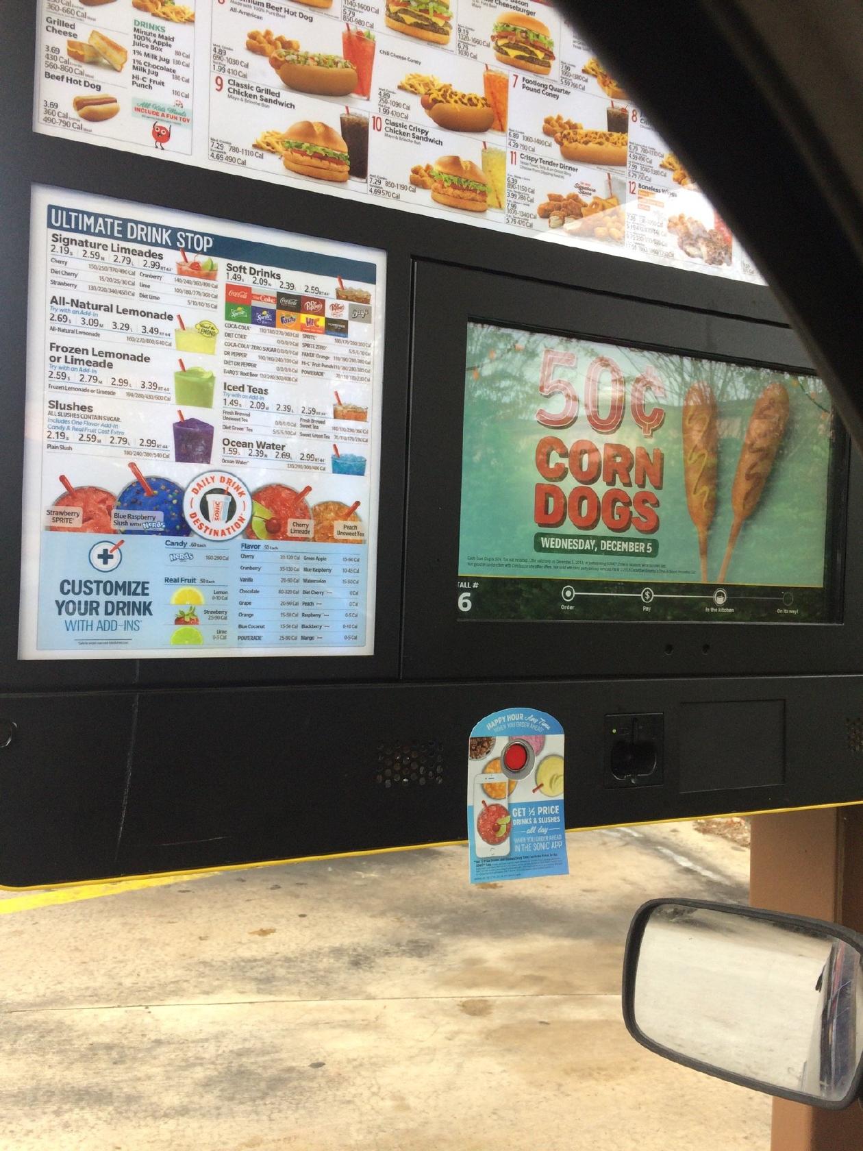 Menu at Sonic Drive-In fast food, Sumter, Broad St