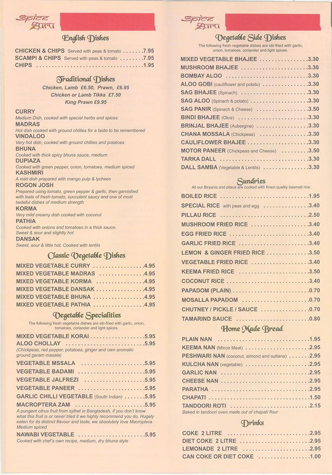 Menu at Spice Guru restaurant, Wadebridge