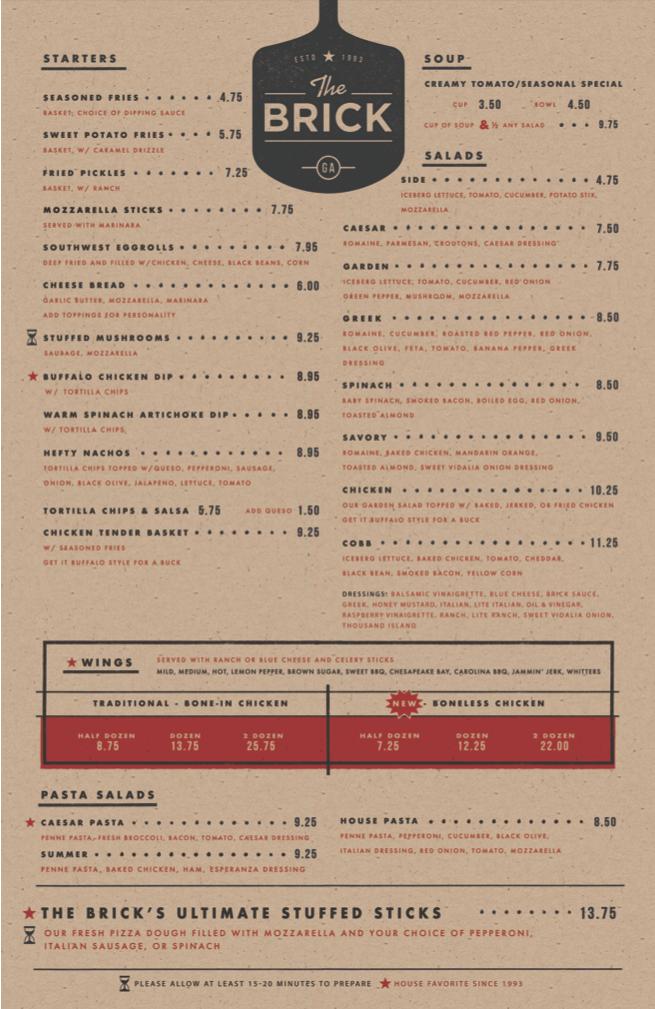 Menu at The Brick pizzeria, Macon