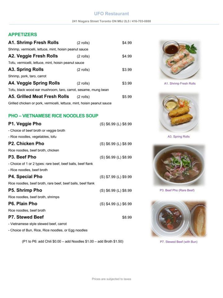 Menu at UFO Restaurant, Toronto