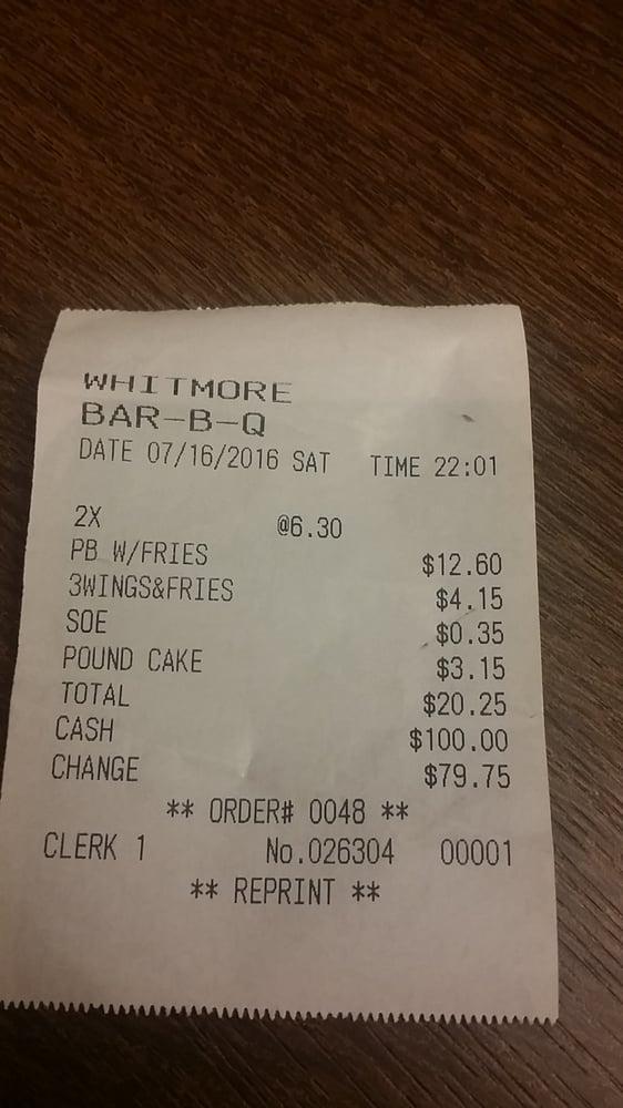 Menu at Whitmore's Bar-B-Q, Warrensville Heights, Harvard Ave