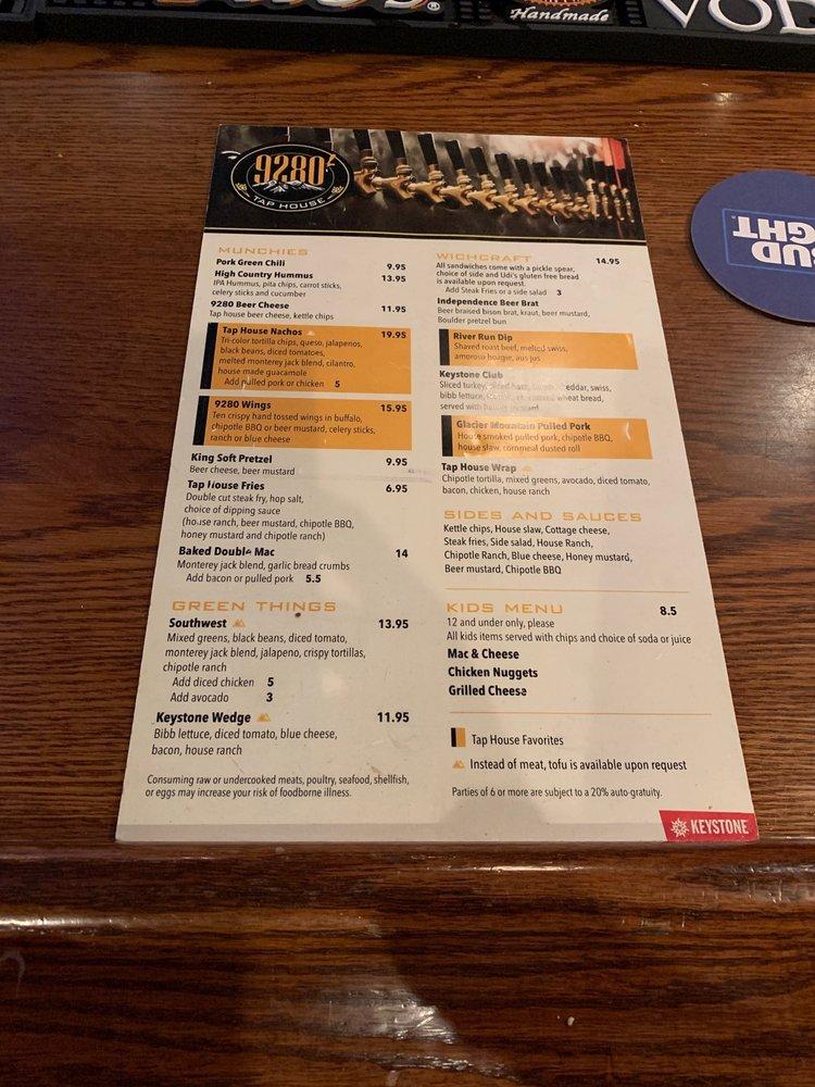 Menu at 9280' Tap House pub & bar, Keystone, Ida Belle Dr