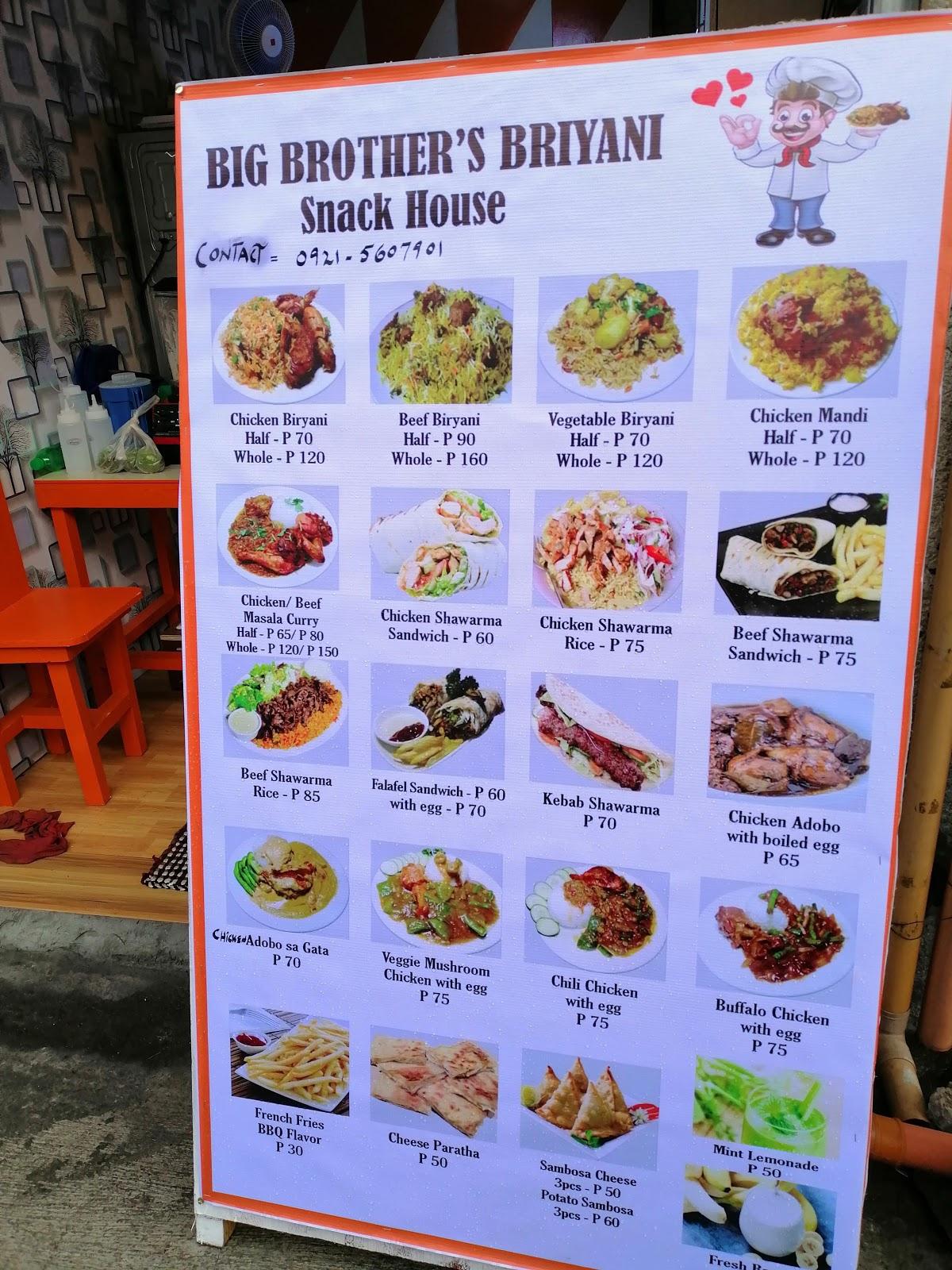 Menu at Big Brother's Restaurant, Baguio