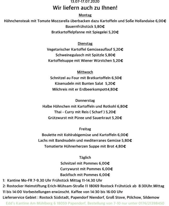 Menu at Edd‘s Kantine restaurant, Rostock