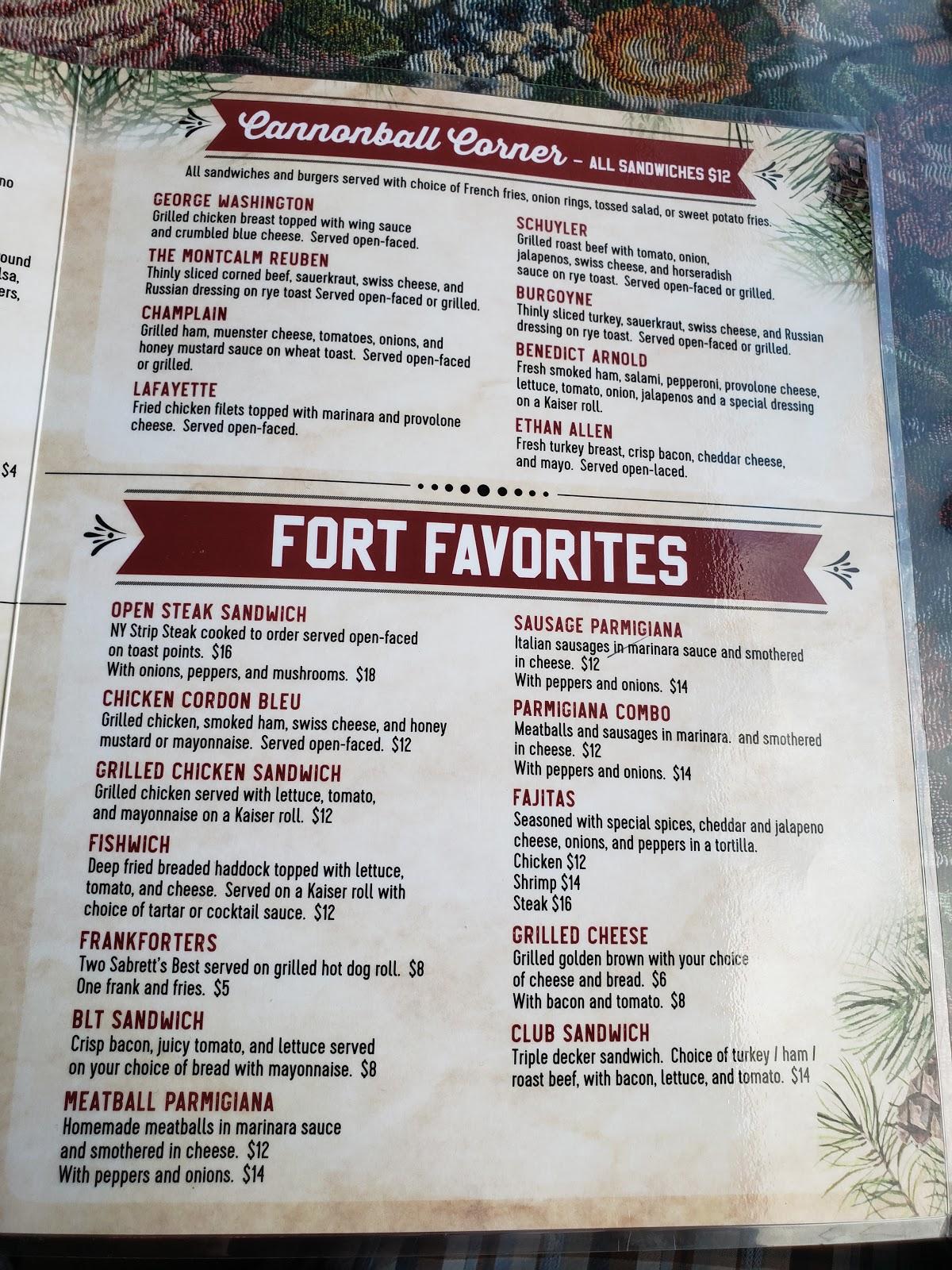 Menu at Fort View Inn restaurant, Ticonderoga