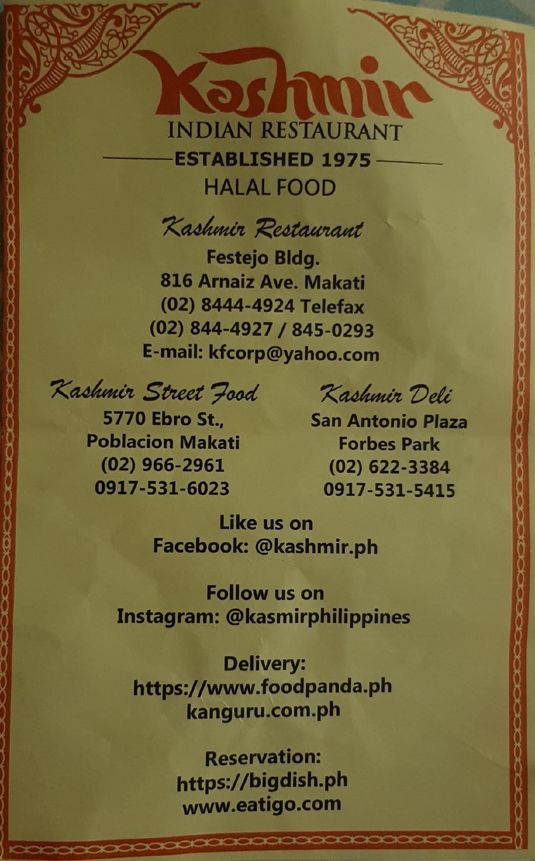 Menu at Kashmir restaurant, Makati, 816 Antonio Arnaiz Ave