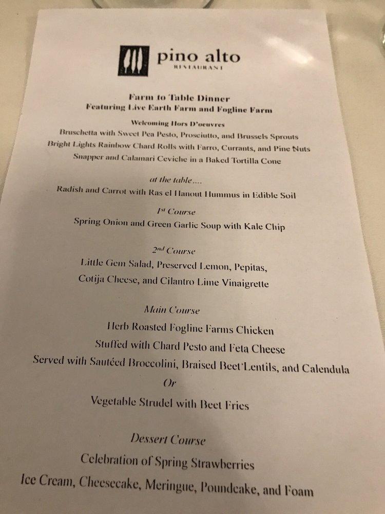 Carta de Pino Alto Restaurant, Aptos