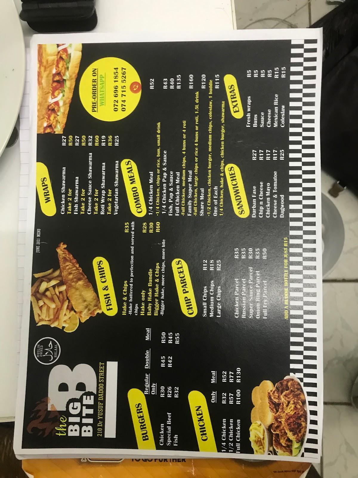 Menu at The Big Bite restaurant, Durban