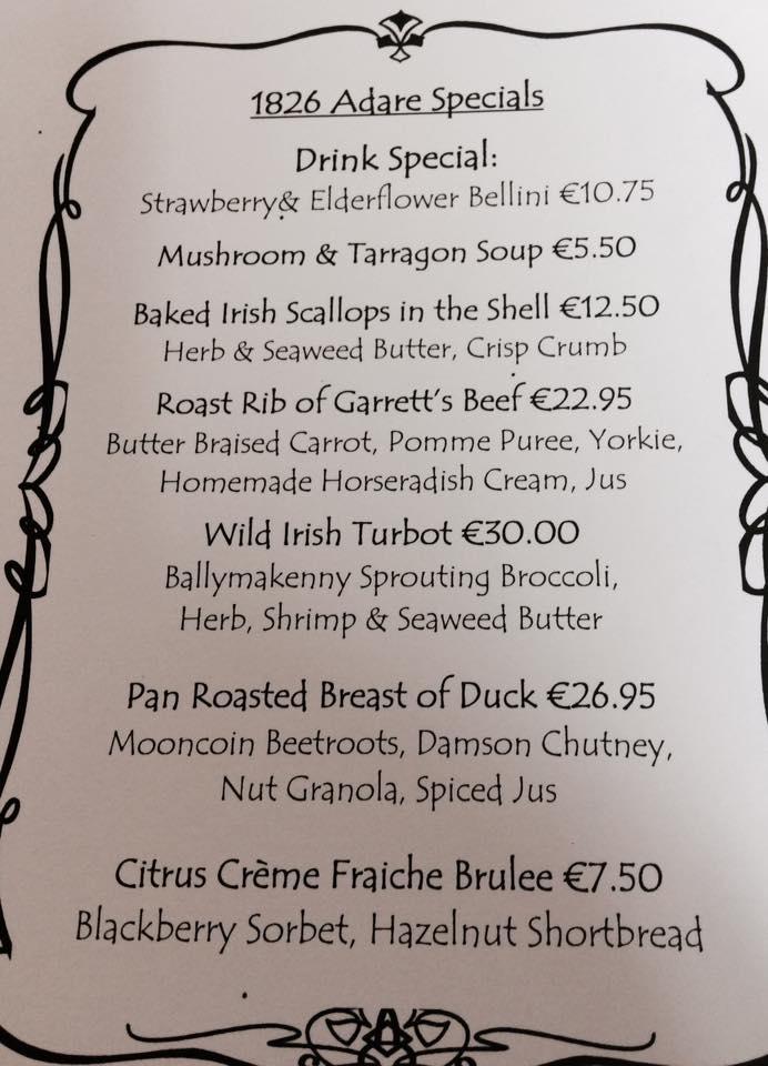 Menu at 1826 Adare restaurant, Adare