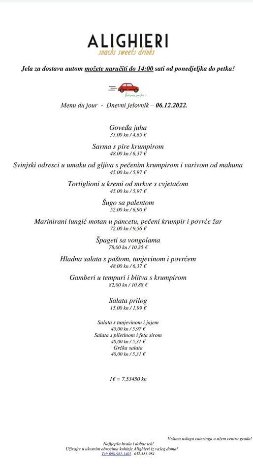 Menu at Bistro Alighieri restaurant, Pula