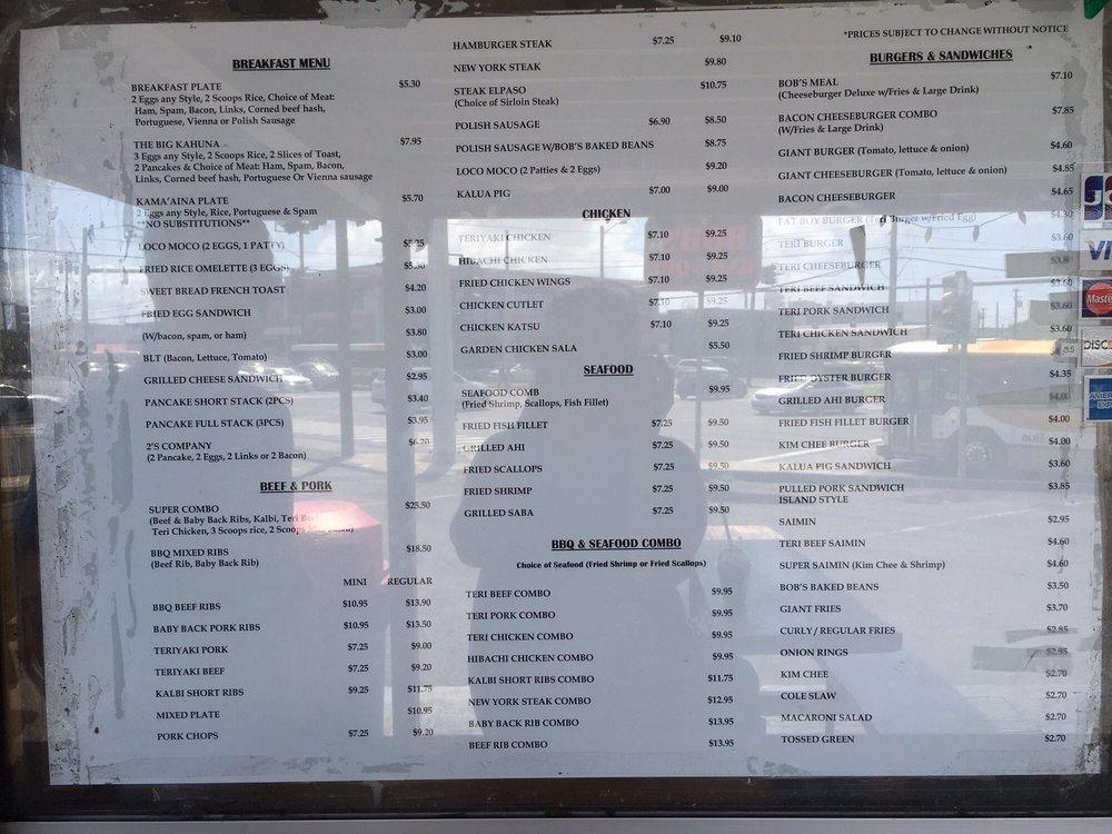 Menu at Bob's Bar-B-Que Restaurants, Honolulu, Dillingham Blvd