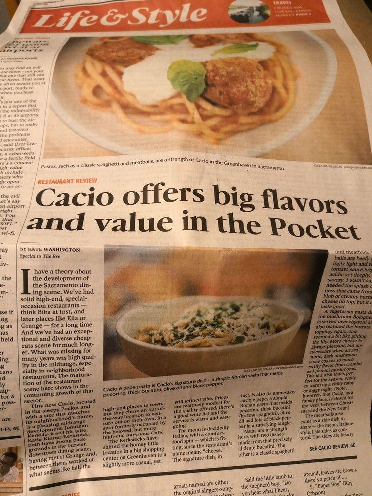 Menu at Cacio restaurant, Sacramento