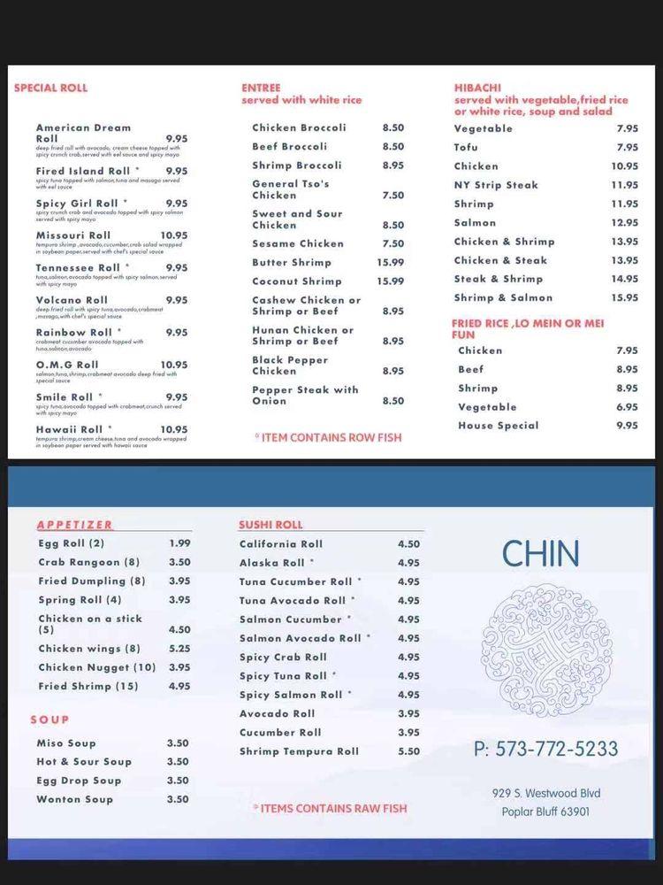 Menu at Chin restaurant, Poplar Bluff