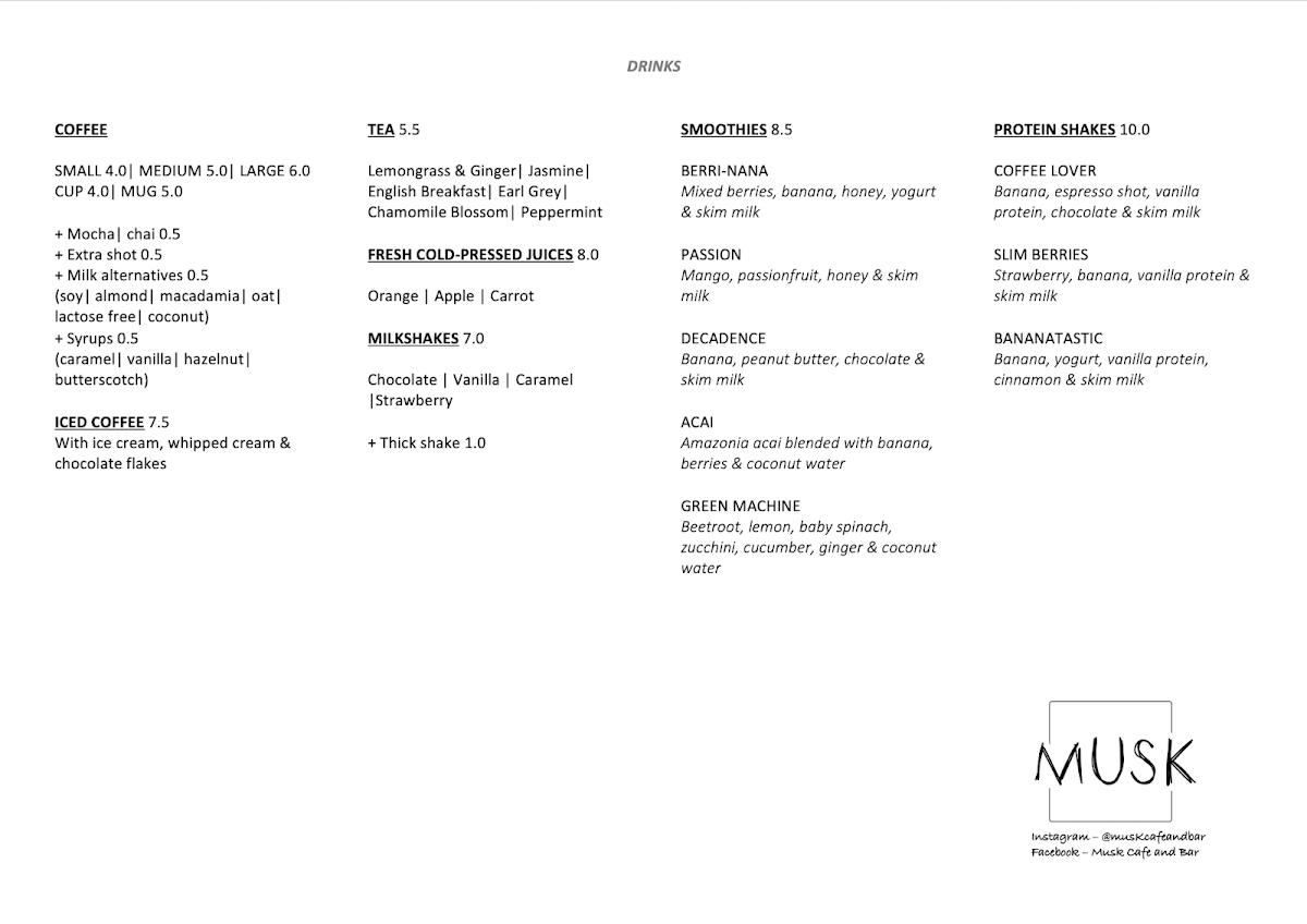 Menu at Musk Cafe and Bar, Milton