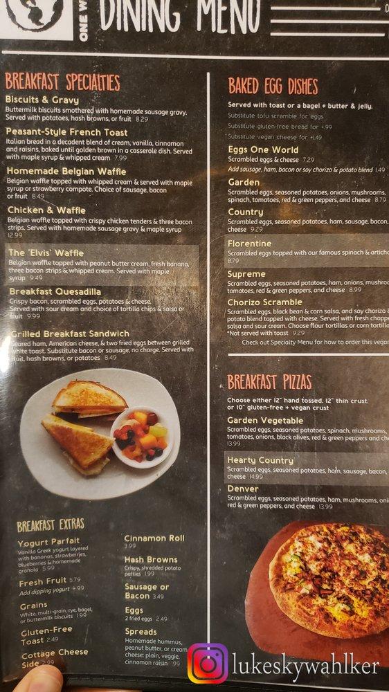 Menu at One World restaurant, Peoria