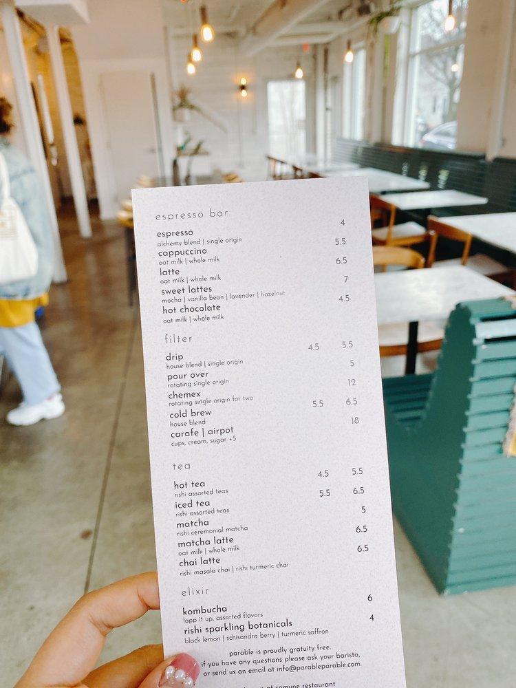 Menu at Parable Coffee, Columbus, 677 Parsons Ave