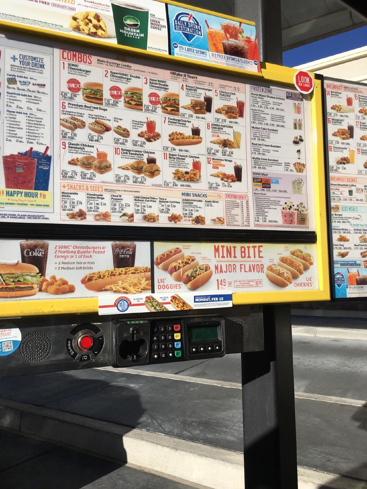 Menu at Sonic Drive-In fast food, Yucca Valley, 29 Palms Hwy