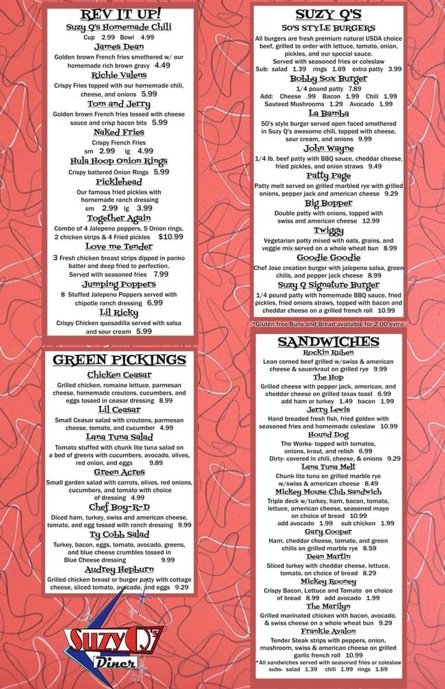 Menu at Suzy Q's Diner cafe, Escondido