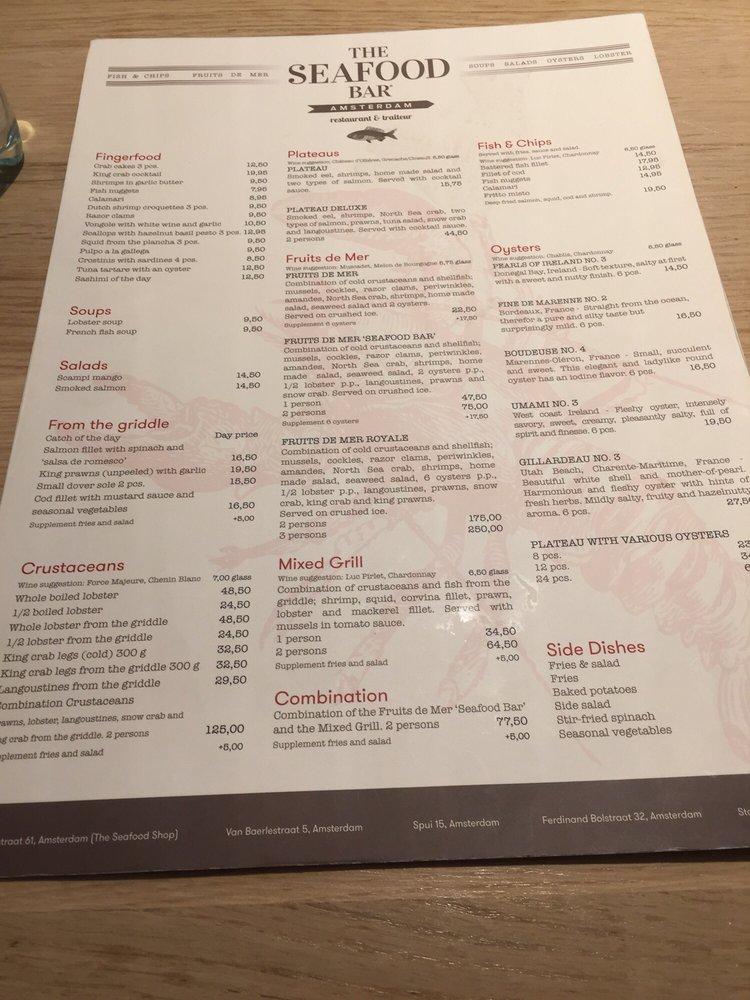 Menu at The Seafood Bar, Amsterdam, Spui 15