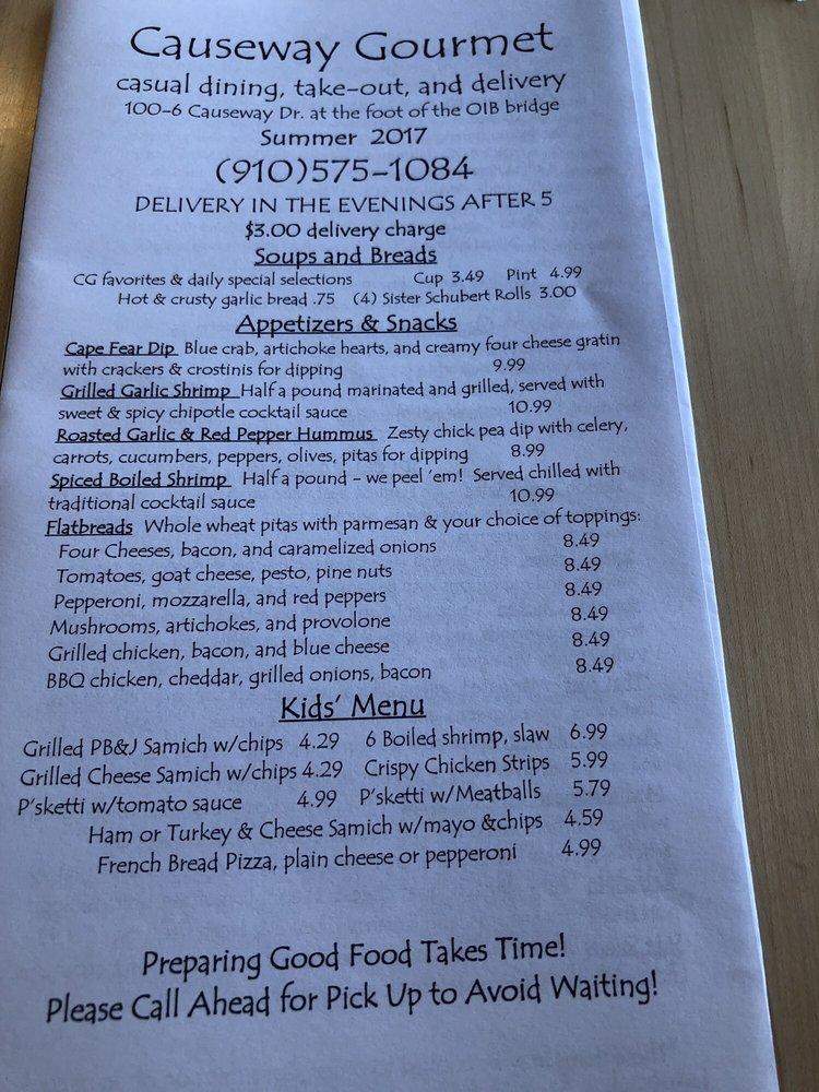 Menu at Causeway Gourmet restaurant, Ocean Isle Beach