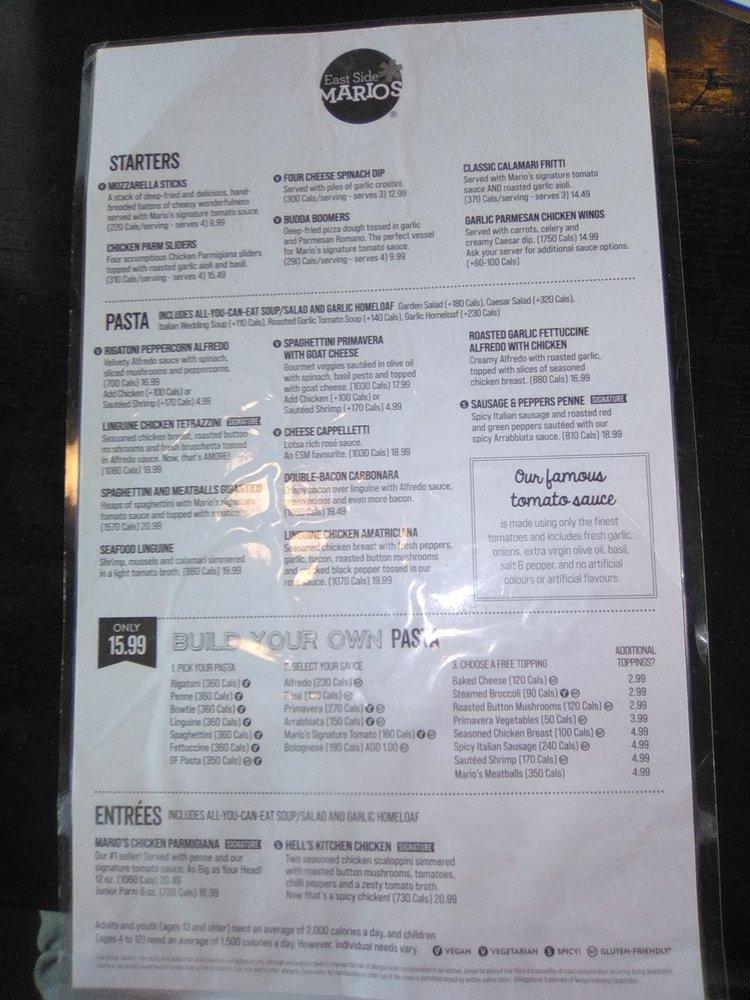 Menu at East Side Mario's pizzeria, Cornwall, Brookdale Ave