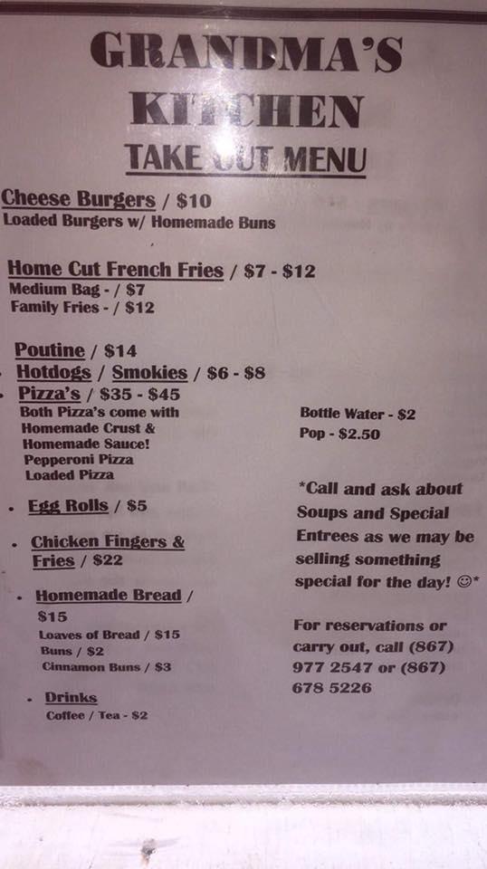 Menu at Grandma's Kitchen restaurant, Tuktoyaktuk