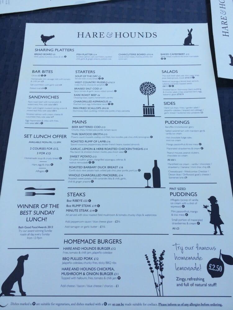 Menu at Hare & Hounds restaurant, Bath