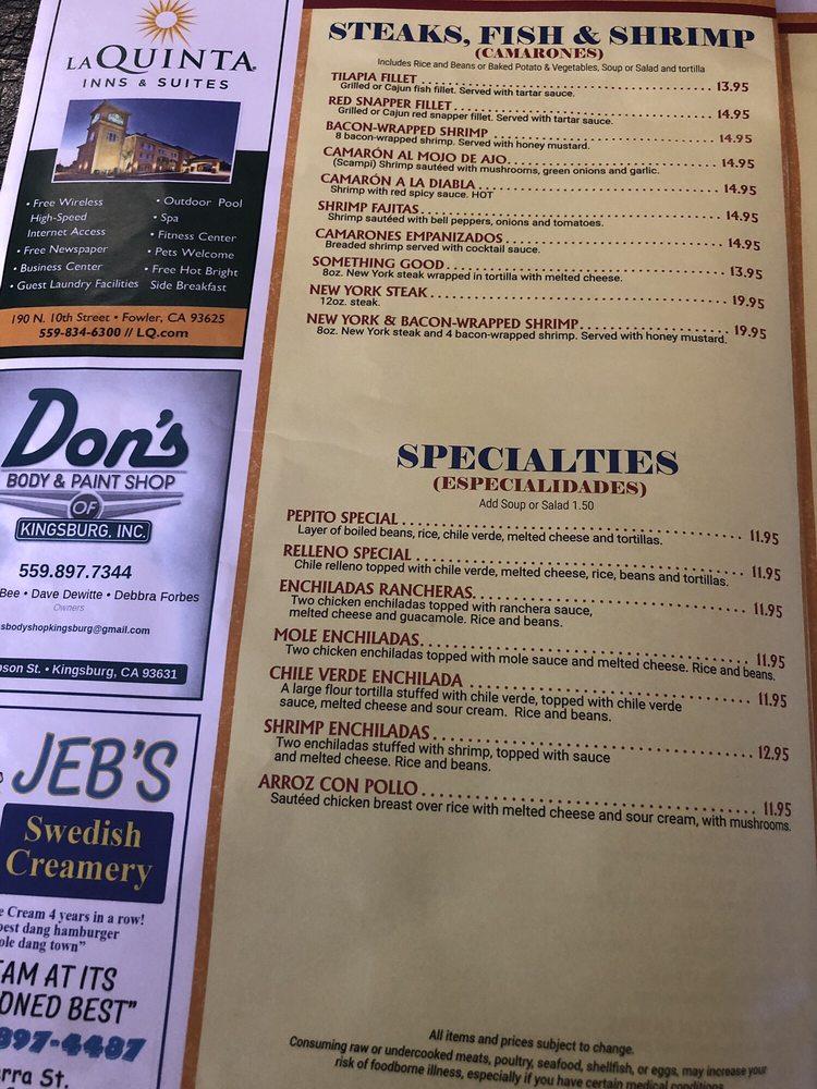 Menu at Los Pepes Authentic Mexican Food restaurant, Kingsburg