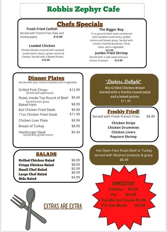 Menu at Zephyr Cafe, Piedmont