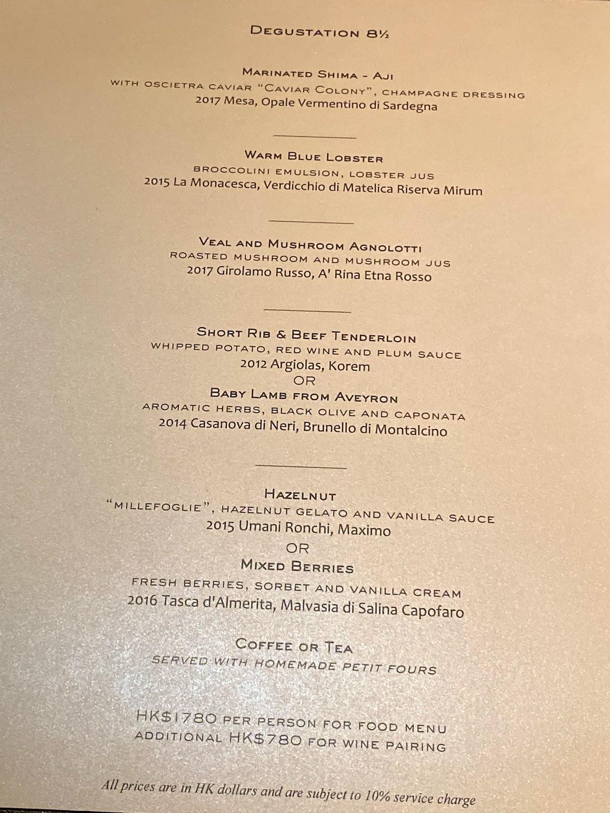 Menu at 8 1/2 Otto E Mezzo Bombana restaurant, Hong Kong