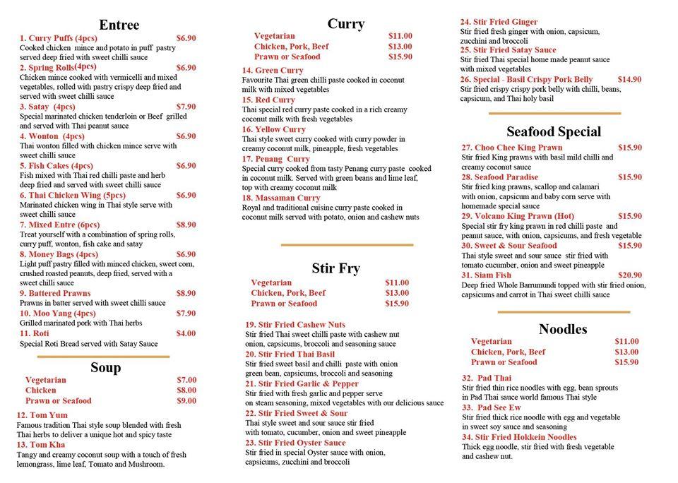 Menu at Grovedale Thai restaurant, Grovedale
