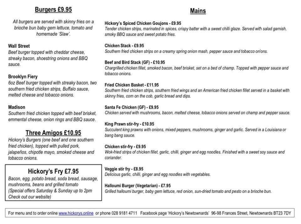 Menu at Hickory's Smokehouse & Grill BBQ, Newtownards