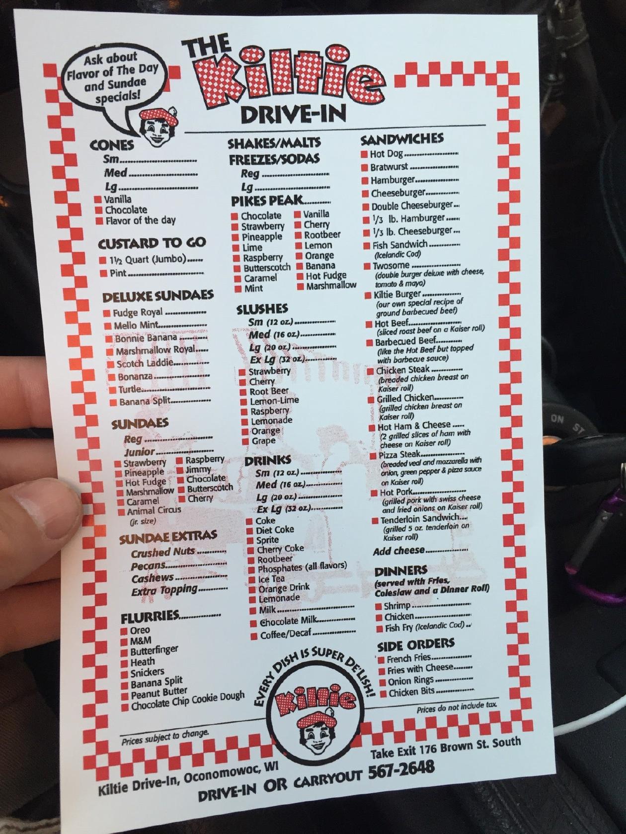 Menu at Kiltie Drive-In restaurant, Oconomowoc, N48W36154 E Wisconsin Ave