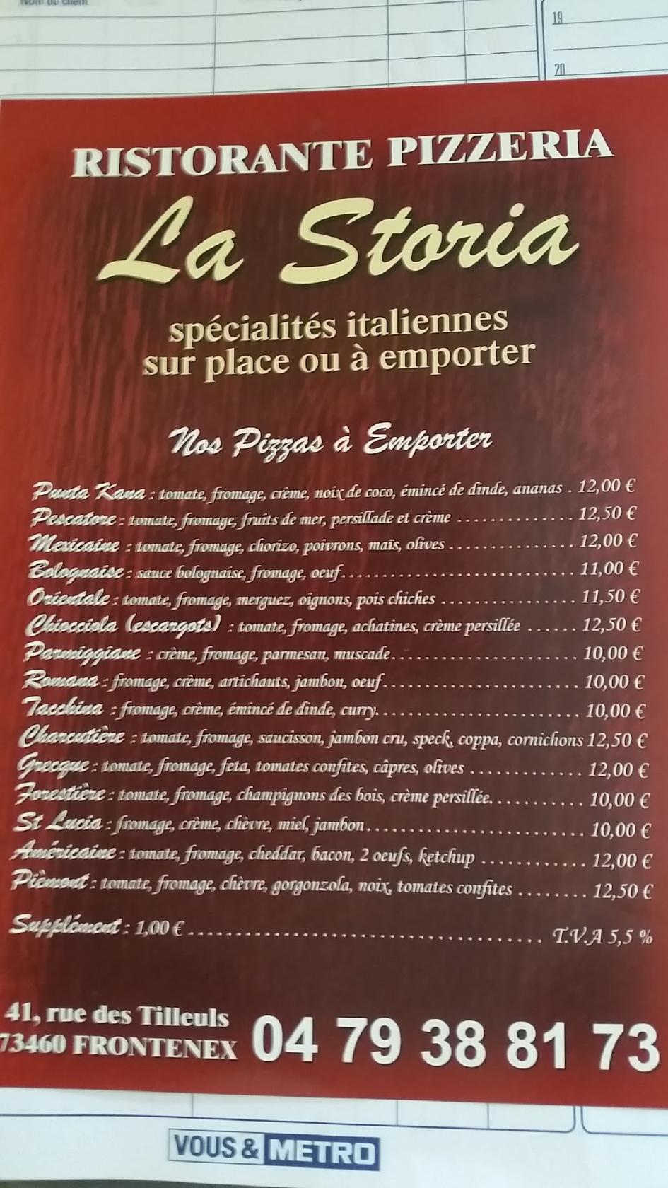 Menu au La Storia restaurant, Frontenex