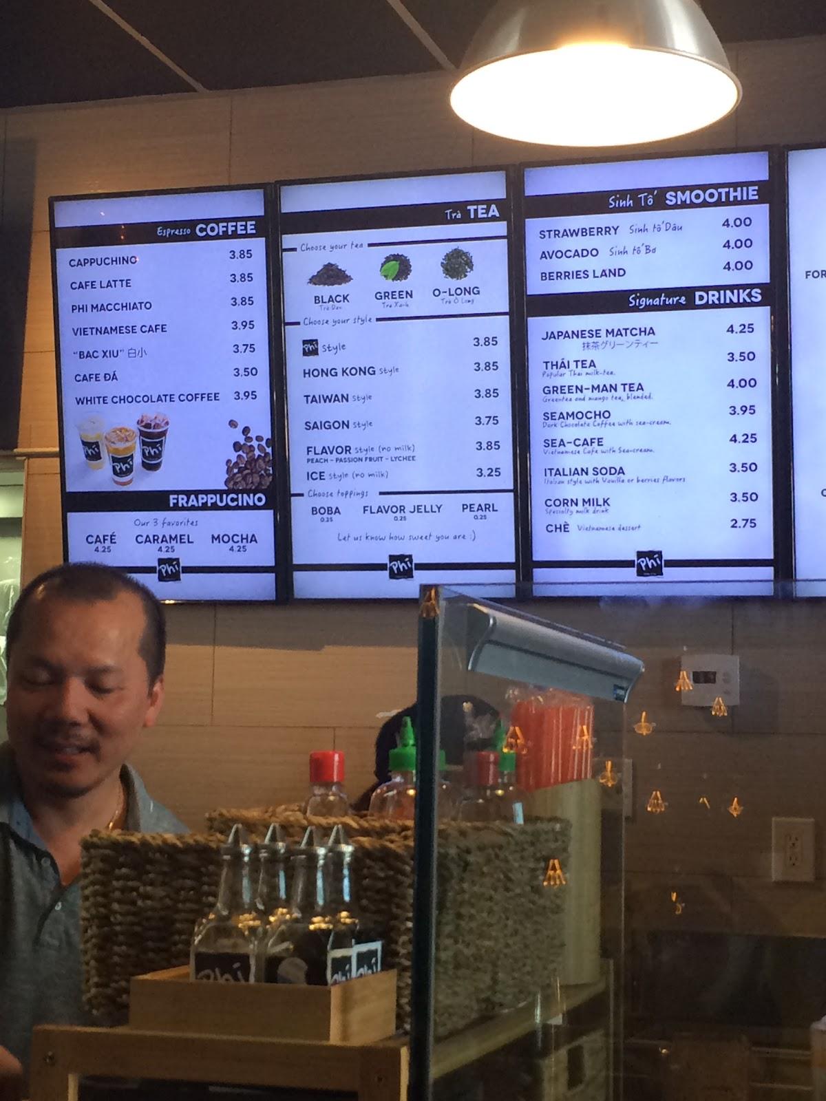 Menu at Phi Coffee & Tea restaurant, Arlington