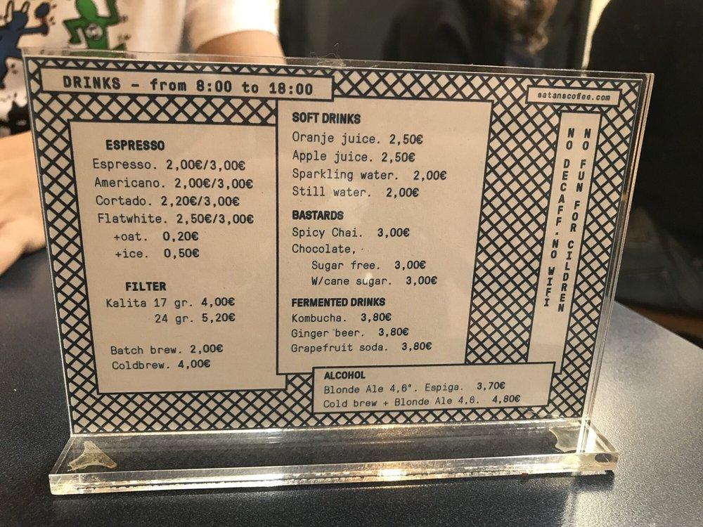 Menu at Satan's Coffee Corner cafe, Barcelona, Carrer de l'Arc de Sant ...