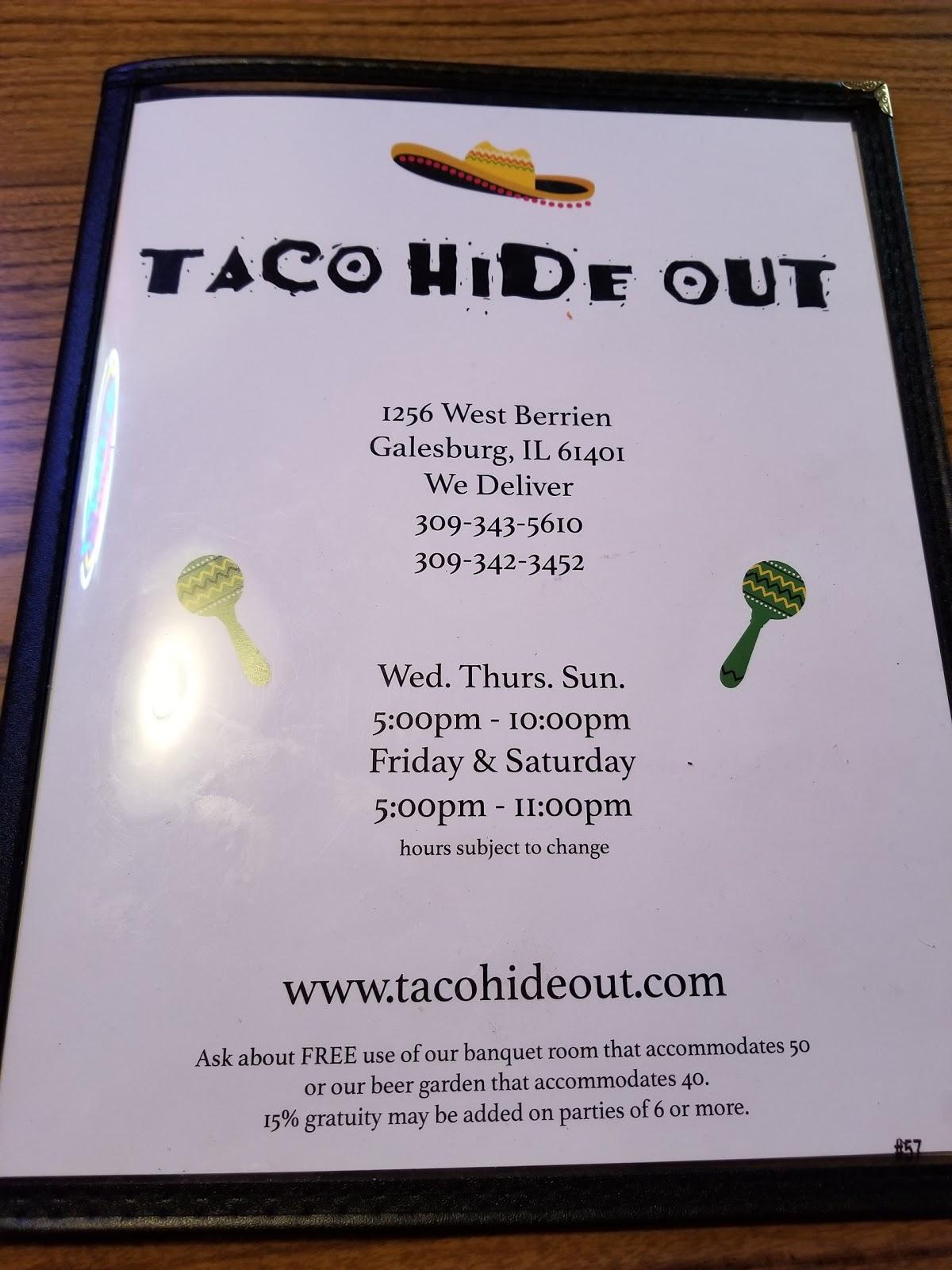 Menu at Taco Hideout restaurant, Galesburg