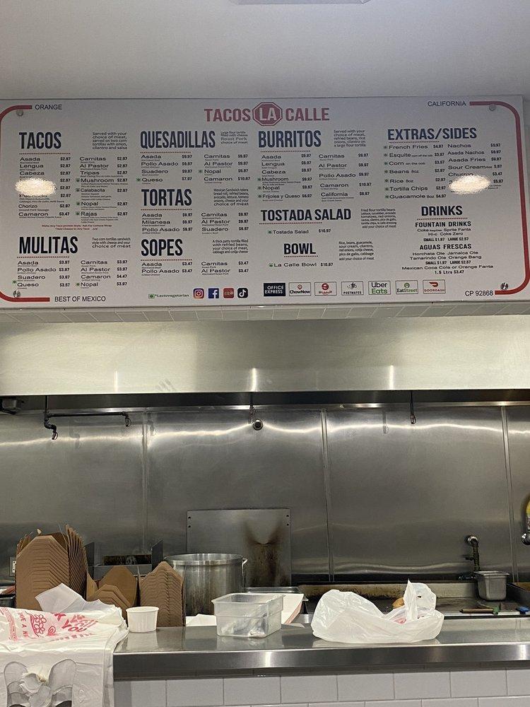 Menu at Tacos LA Calle restaurant, Orange