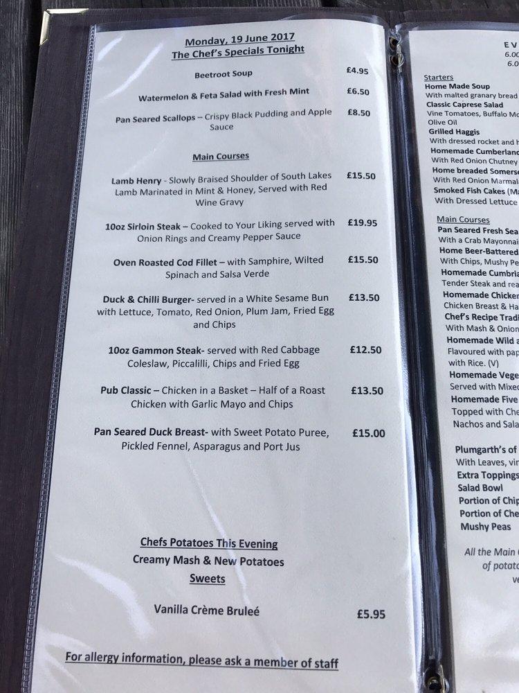 Menu at The Britannia Inn pub & bar, Lakes, Main Street