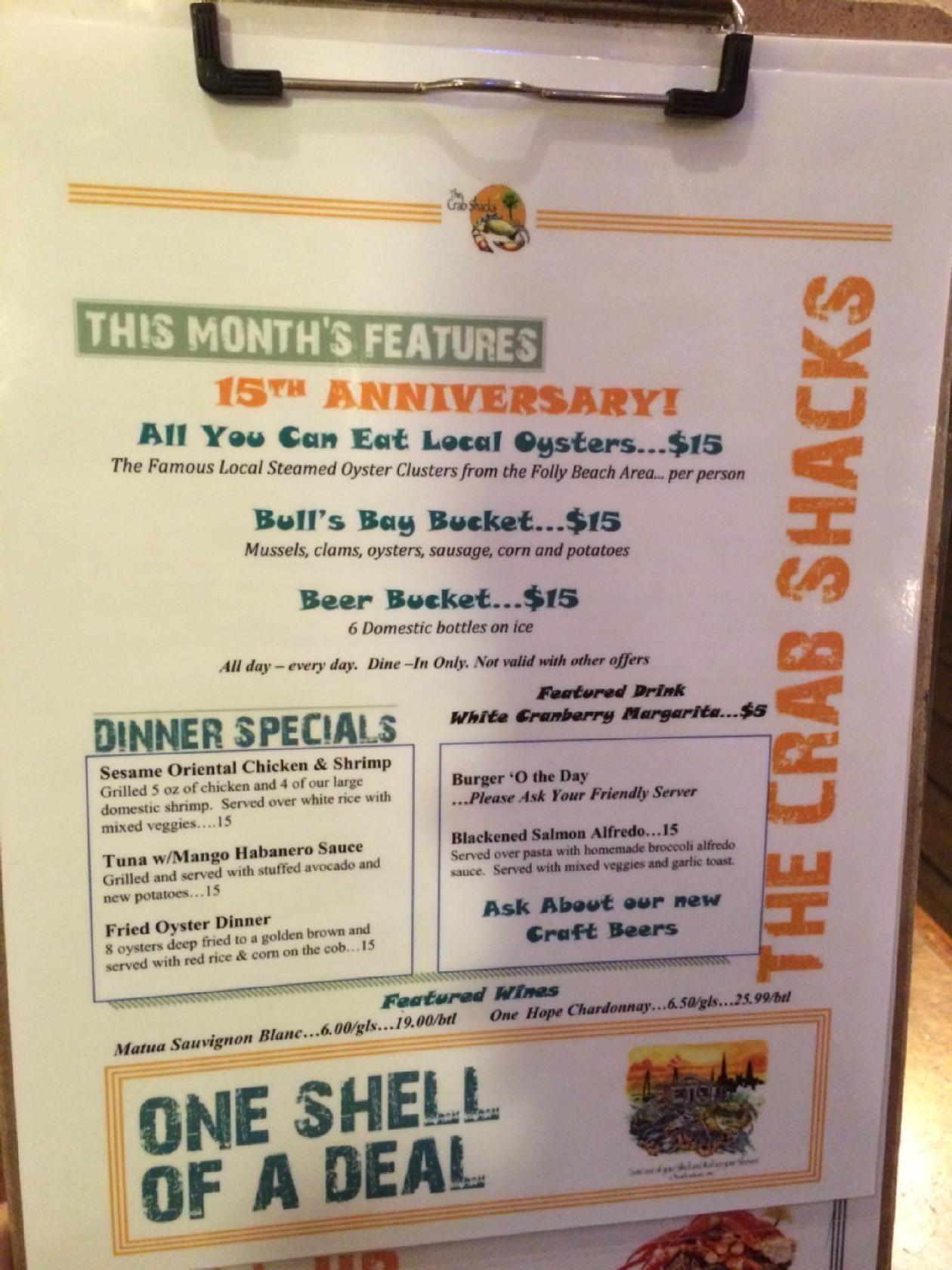 Menu at The Crab Shack restaurant, Charleston, Ashley River Rd
