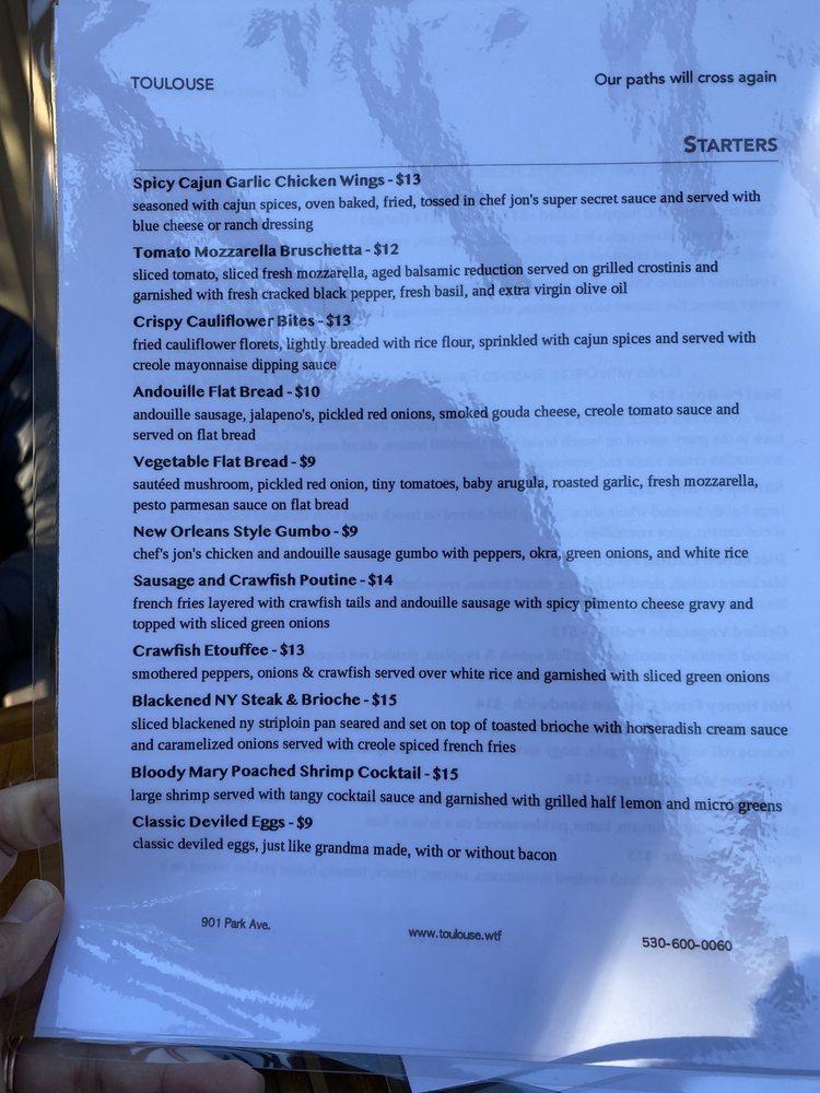 Menu at Toulouse restaurant, South Lake Tahoe