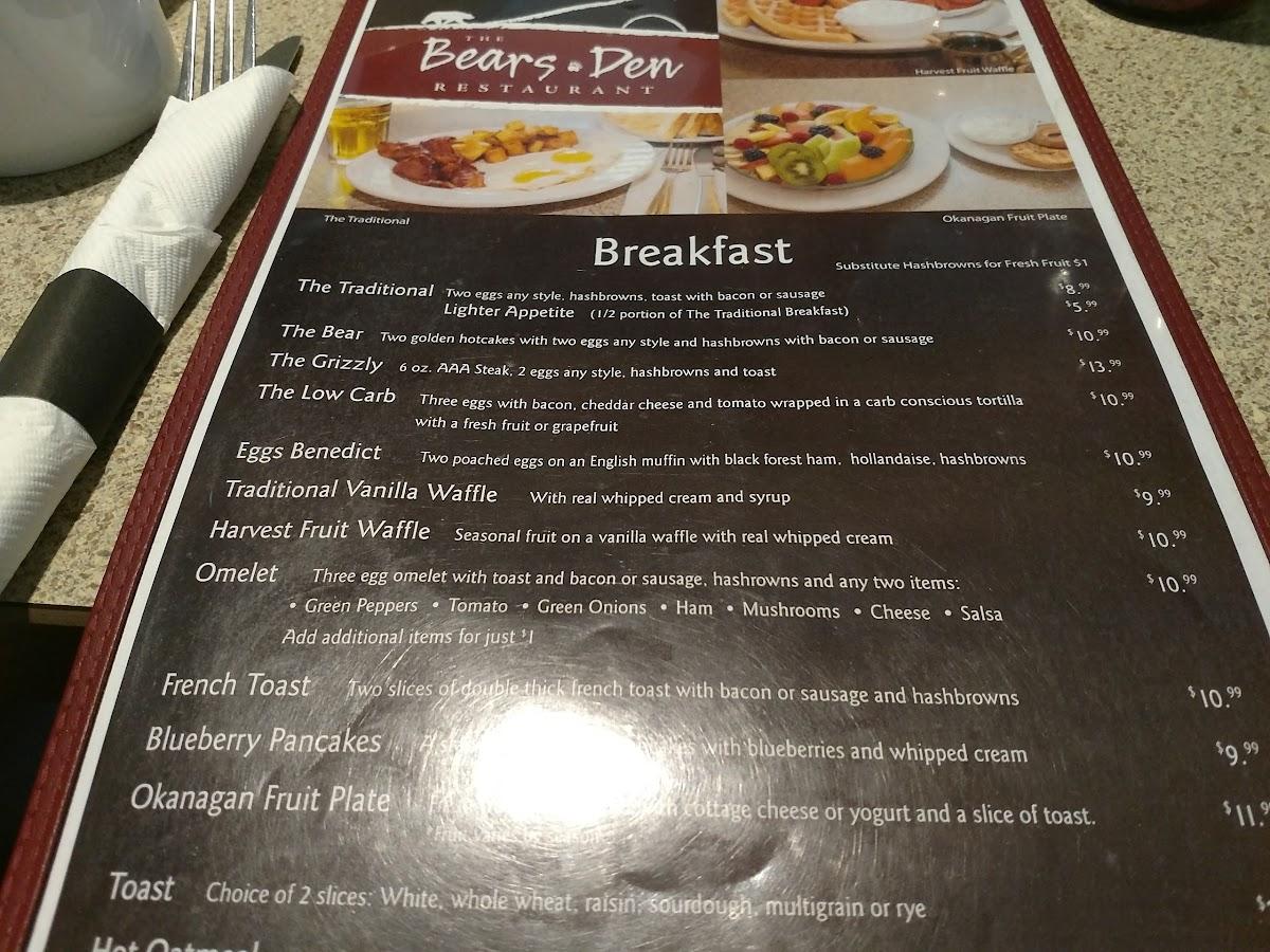 Menu at Bears Den Restaurant, Penticton